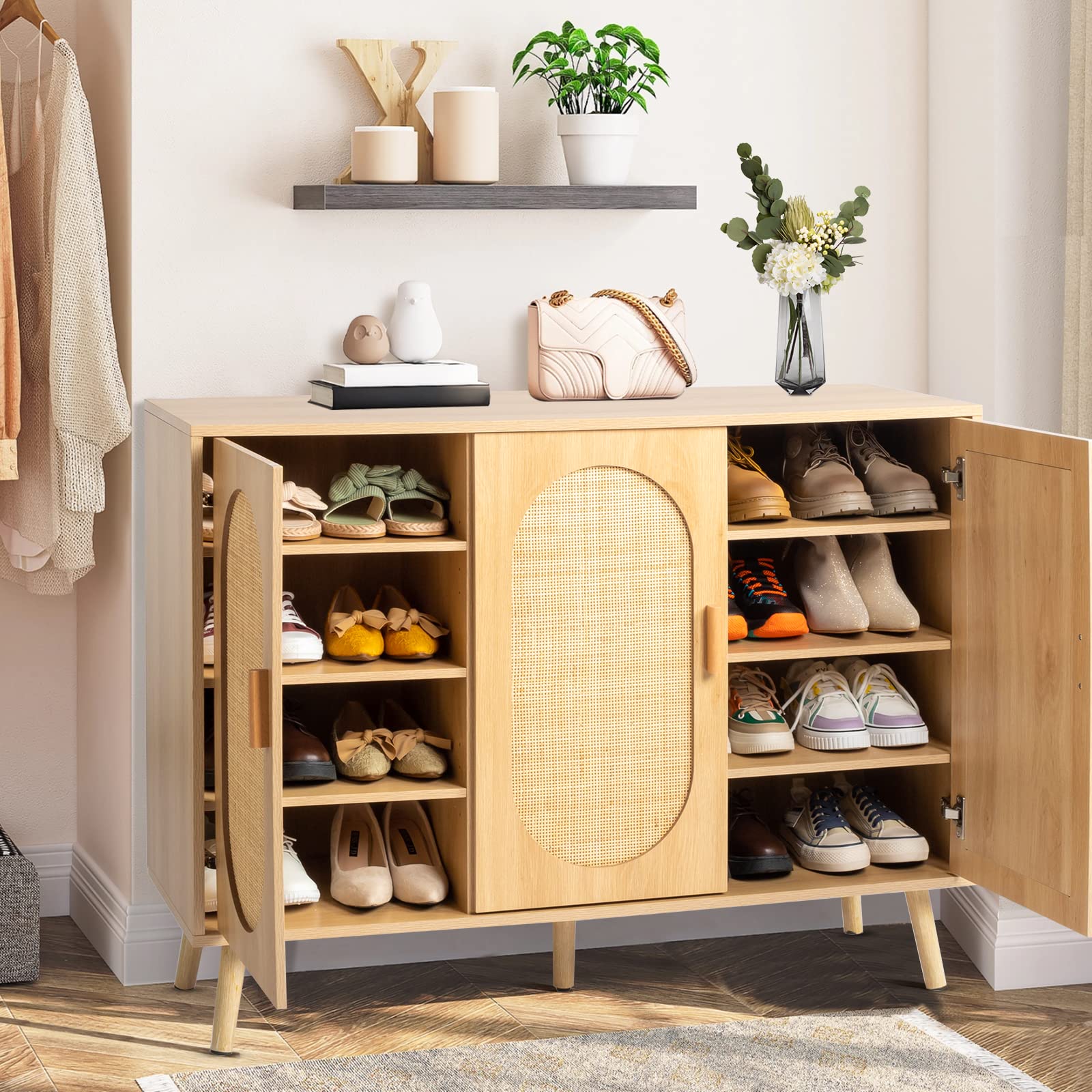DESIGNSCAPE3D Modern Rattan Shoe Storage Cabinet with Adjustable Shelves - Stylish Furniture and Decor for Living Room, Bedroom, and Hallway