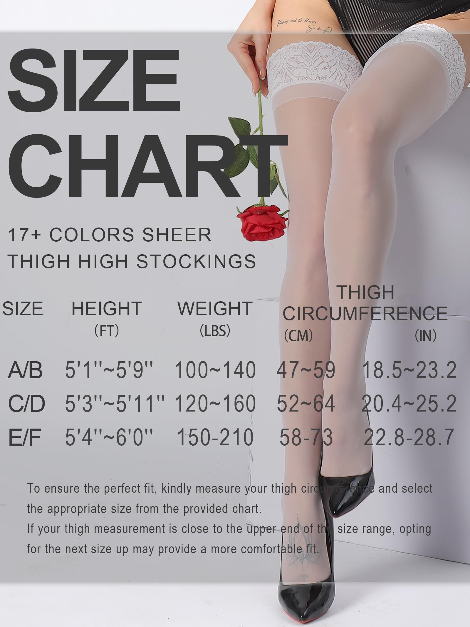 DancMolly Silky Thigh High Stockings, with 17+ Colors Sheer Silicone Lace Top Pantyhose for Women, 1 Pair (White, C-D)