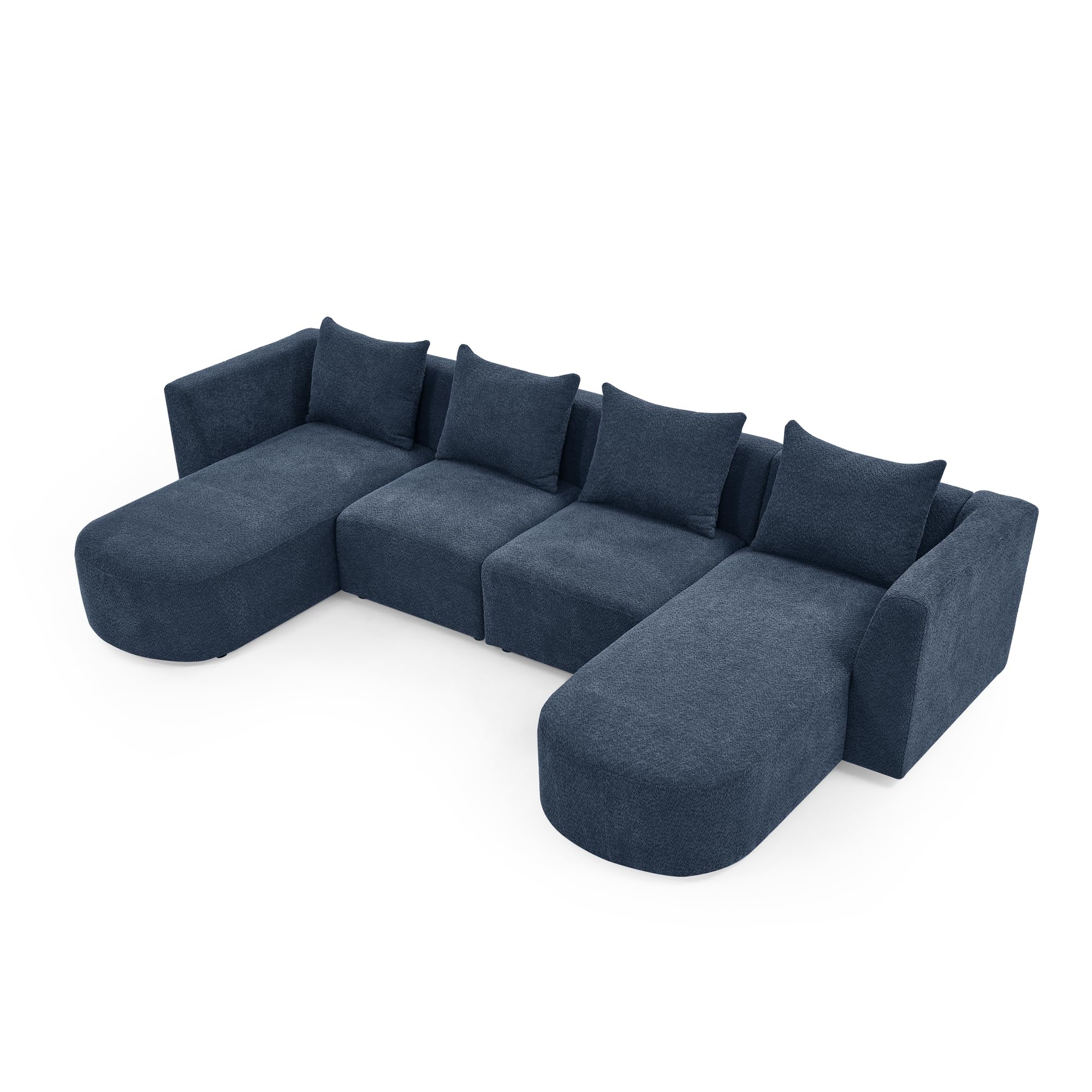 DEINPPA U Shape Modular Sectional Sofa, Minimalist Style Modular Couch, 4 Seat Cushion Couch with 4 Pillows for Living Room/Apartment, Bouclé Fabric, Navy Blue