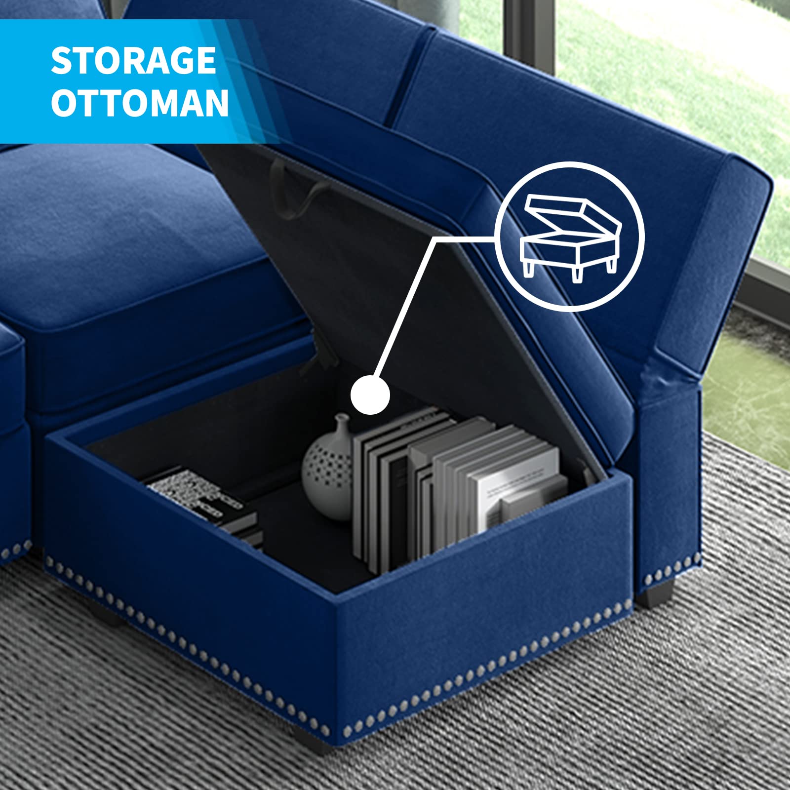 Horgaeo Reversible Sleeper Sectional Sofa, Modular U Shaped Couch with Storage Ottoman, Angle-Adjustable Armrest Velvet Fabric Sofa with Convertible Chaise for Living Room, Apartment, Studio (Blue)