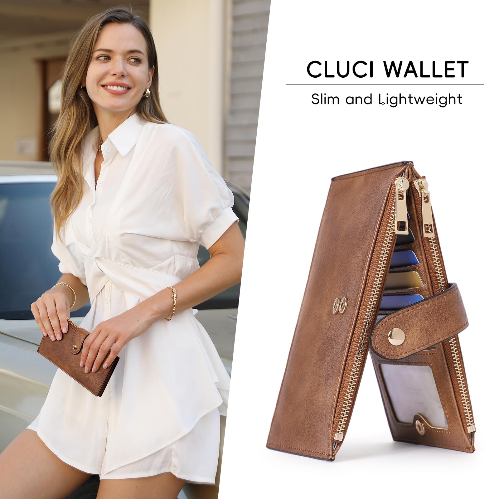 CLUCI Women's Wallet Leather Slim Wallet for Women RFID Blocking with Multi Credit Card Holder Zipper Pocket