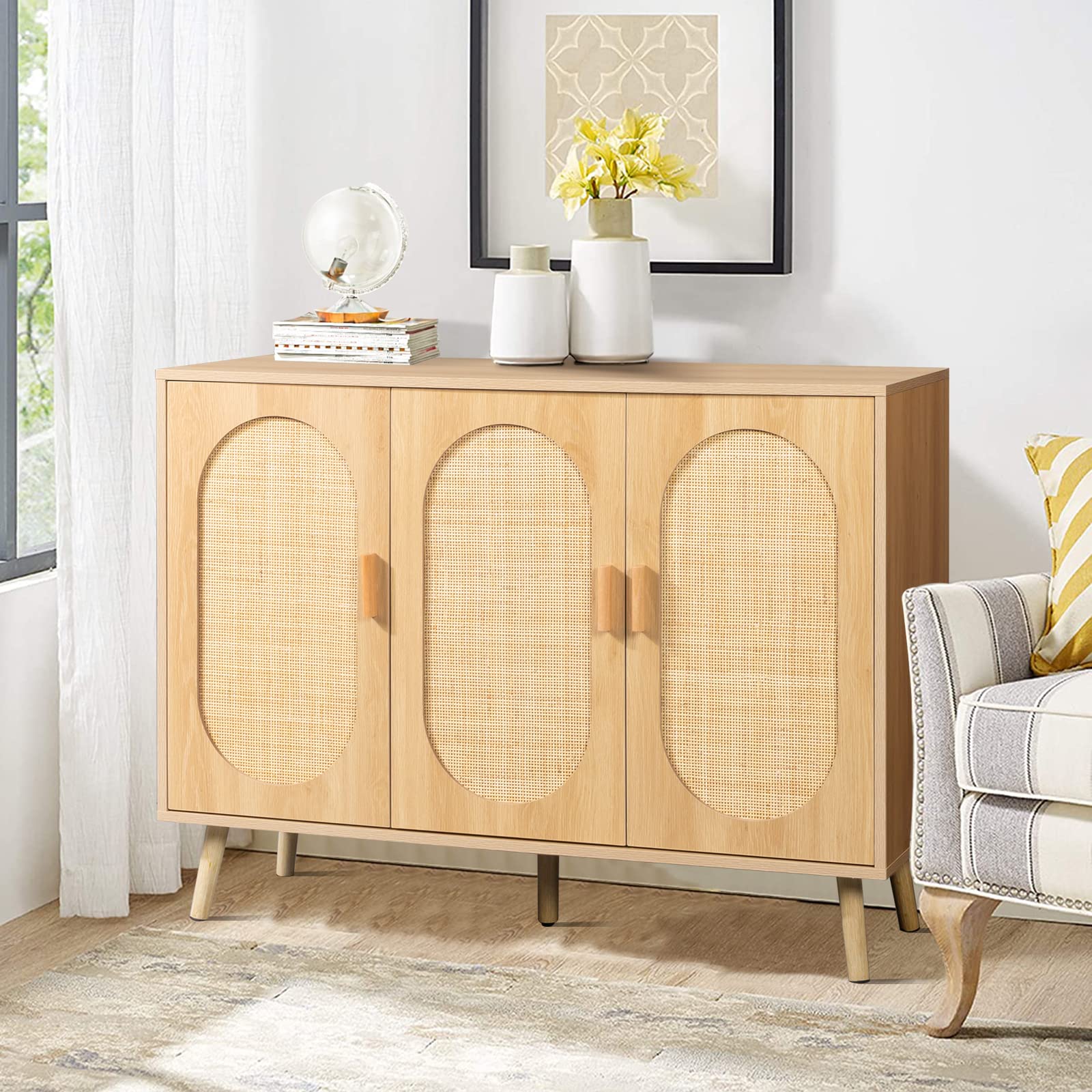 DESIGNSCAPE3D Modern Rattan Shoe Storage Cabinet with Adjustable Shelves - Stylish Furniture and Decor for Living Room, Bedroom, and Hallway