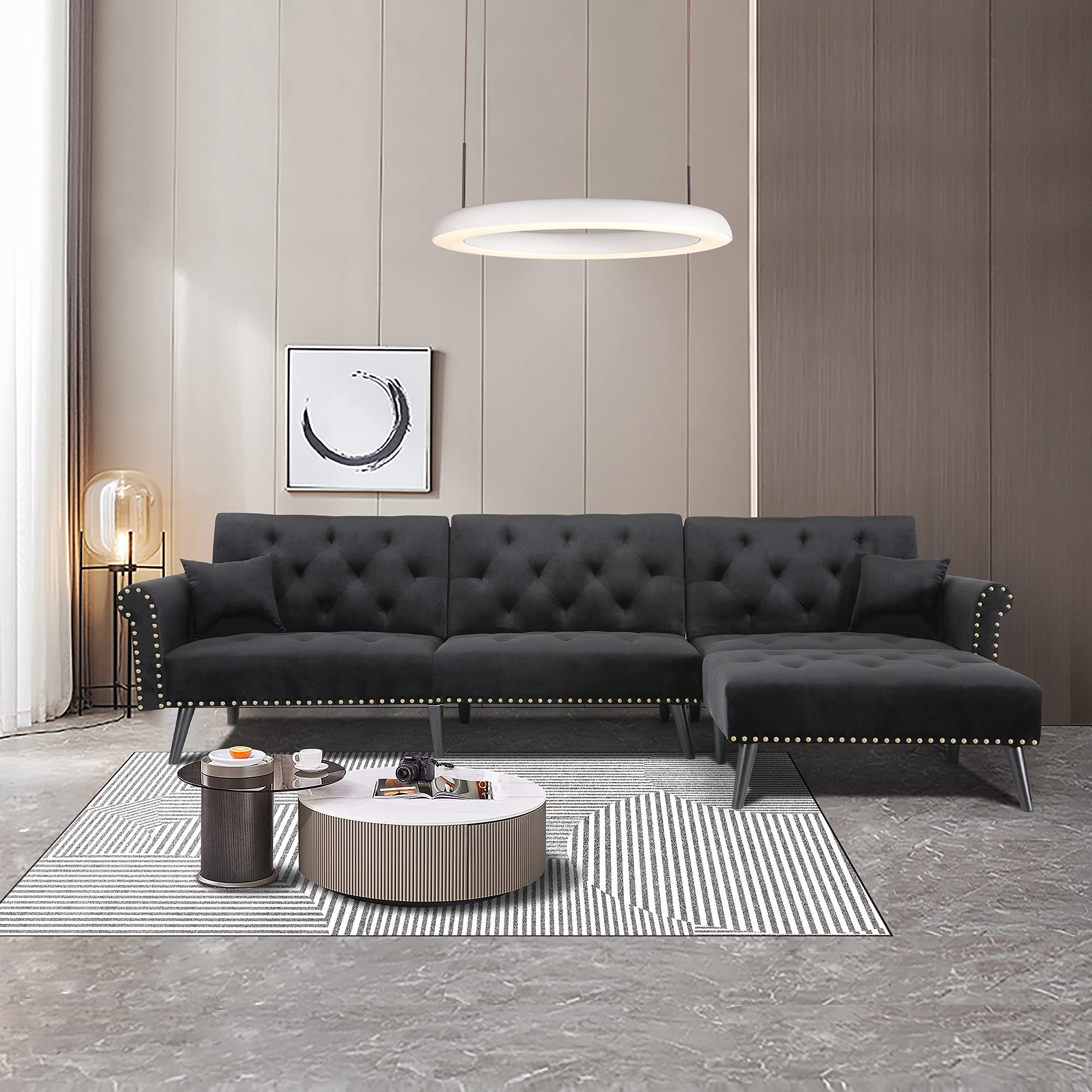 FULife Velvet Convertible Sleeper Sofa Bed, Reversible Sectional L-Shaped Couch with 2 Pillows and Right Chaise Lounge for Living Room Apartment Office Studio Furniture Sets, Black