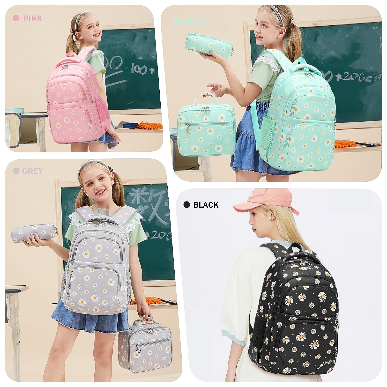 Armbq Daisy Kids Backpack for Girls, Multi Pocket School Bags with Lunch Box for Elementary, Teen Girls Bookbag Set