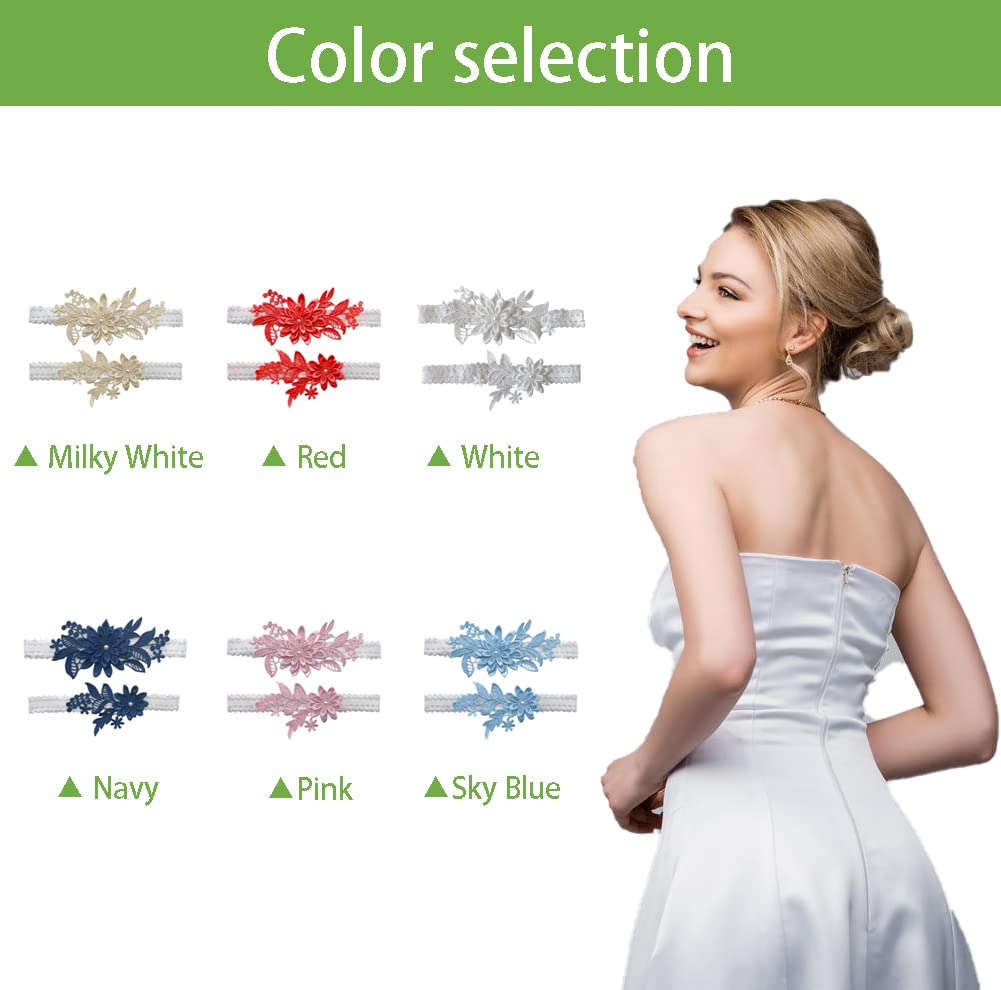 Wedding Garters for Bride Bridal Lace Garter Set Floral Leg Ring with Hand Sewn Faux Pearls (White)