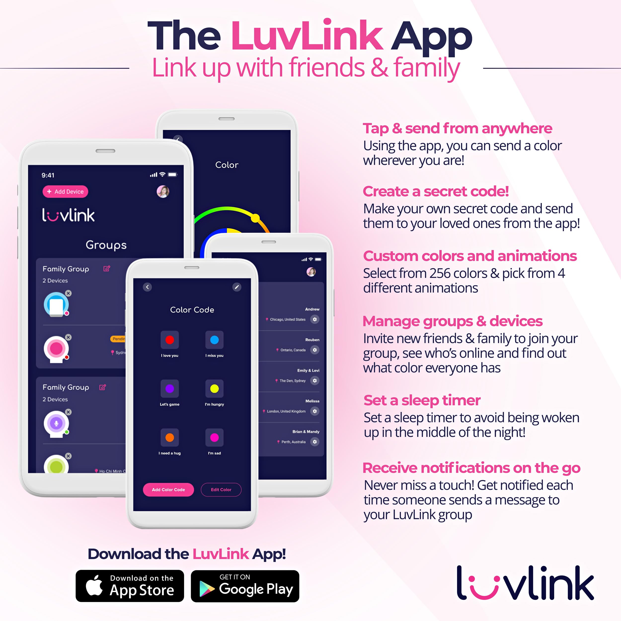 LuvLink Friendship Lamp v2.0 - Extended WiFi Range - Simple Bluetooth Setup (Set of Three)