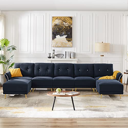 Pingliang Home Modular Sectional Sofa, 5 Seat U Shaped Sectional Couch with 2 Ottoman, Modern Comfy Sherpa Fabric Sofa Couches for Living Room, Blue