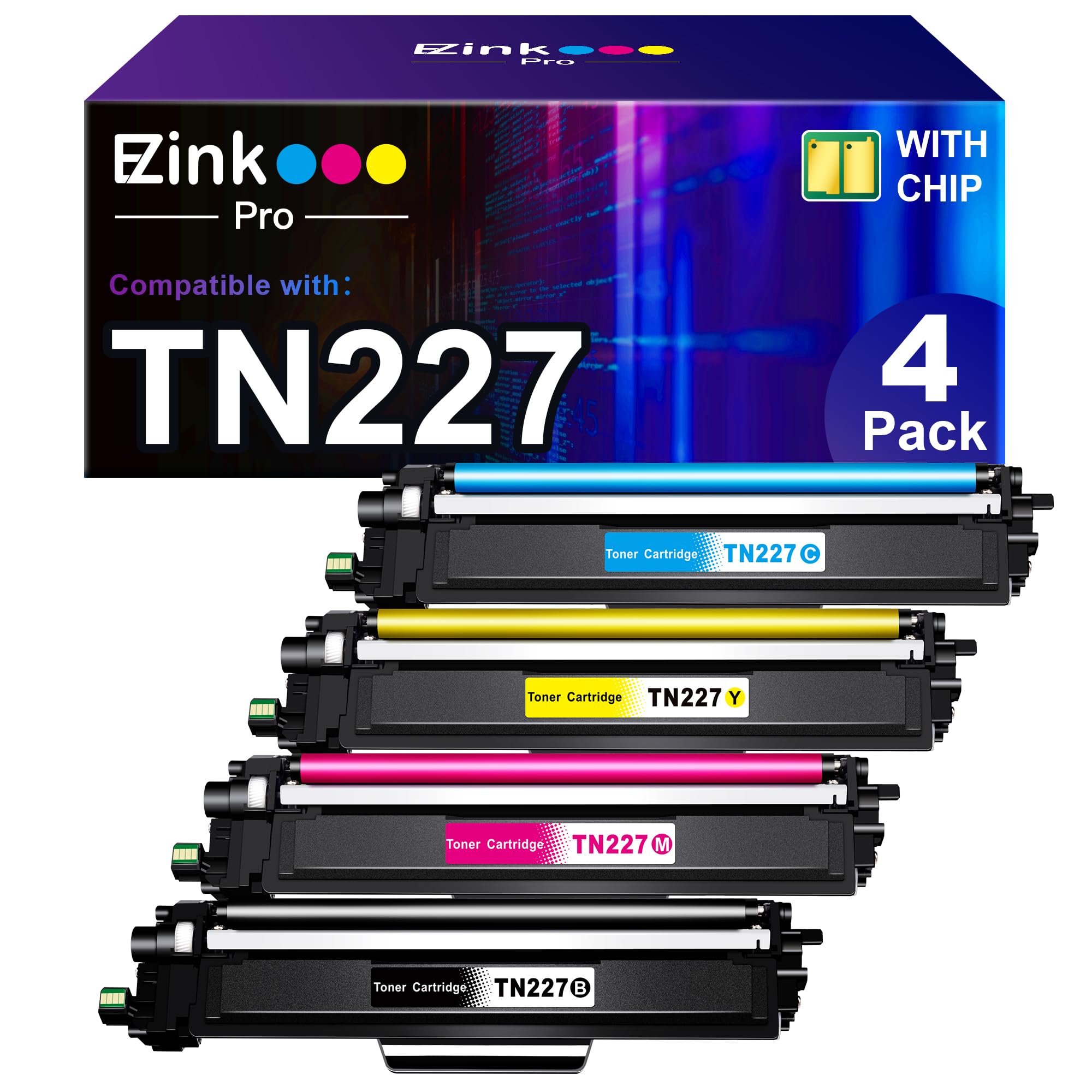E-Z Ink Pro Compatible TN227 Toner Cartridge Replacement for Brother TN227 TN-227 BK/C/M/Y High Yield TN223 TN-223 Compatible with HL-L3290CDW HL-L3210CW MFC-L3750CDW MFC-L3710CW Printer (4 Pack)