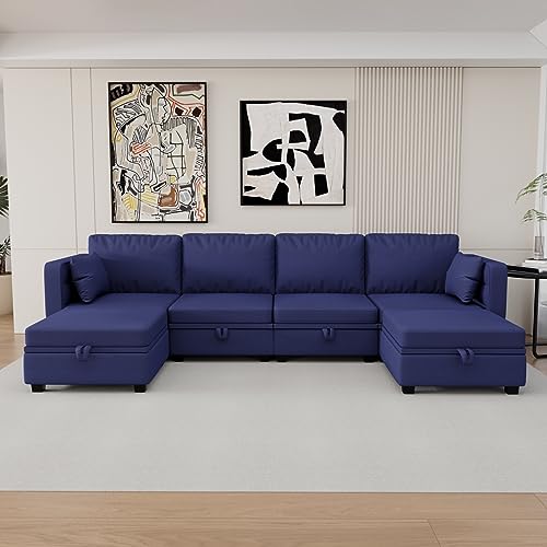 Xshelley Modular Sectional Sofa Couch with Storage Seat, U-Shaped Sectional Sofa with Lounge Chaise & Movable Ottoman, Living Room Furniture Sets (Blue)