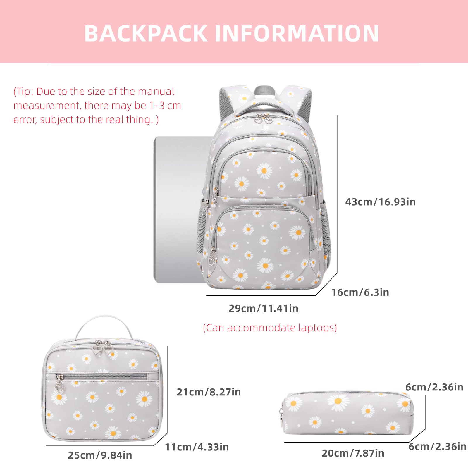 Armbq Daisy Kids Backpack for Girls, Multi Pocket School Bags with Lunch Box for Elementary, Teen Girls Bookbag Set