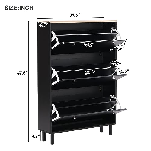 Goohome Narrow Design Shoe Cabinet with 3 Flip Drawers, Wood Grain Pattern Top Entryway Organizer with 3 Hooks, Free Standing Shoe Rack with Adjustable Panel, Modern Style Shoe Rack for Hallway