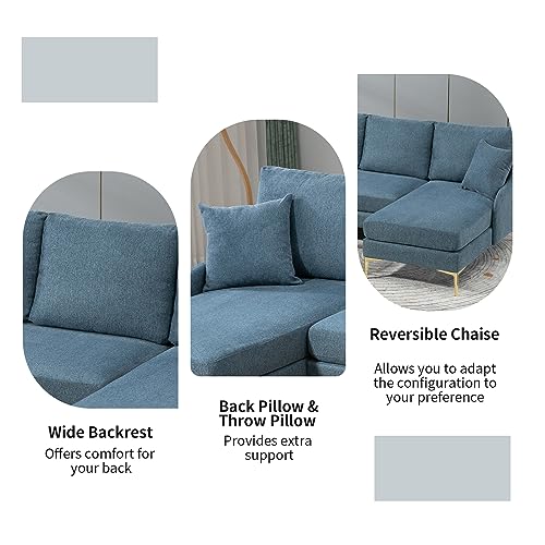 Sudwesto Reversible Sectional Sofa, U-Shape Convertible Sofa Couch, 4-Seat Upholstered Couch with Chaise, Furniture Sets Sectional Couch with Ottoman for Living Room, Apartment, Office (Blue)