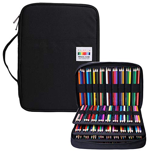 BOMKEE Pencil Case for Adults 220 Slots Pencase Colored Pencils Gel Pen Organizer Bag with Zipper for Student Artist Handy Glitter Gel Pens, Refills, Waterproof Coloring Holder Pencils Case(Black)