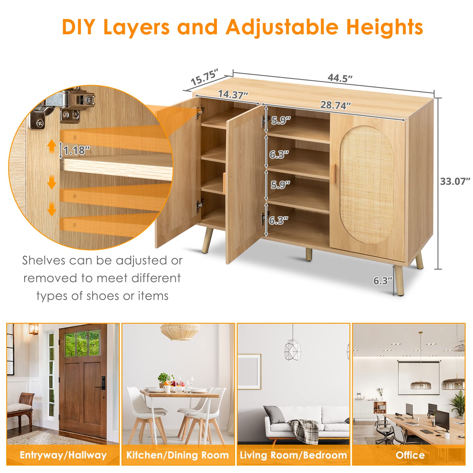 DESIGNSCAPE3D Modern Rattan Shoe Storage Cabinet with Adjustable Shelves - Stylish Furniture and Decor for Living Room, Bedroom, and Hallway