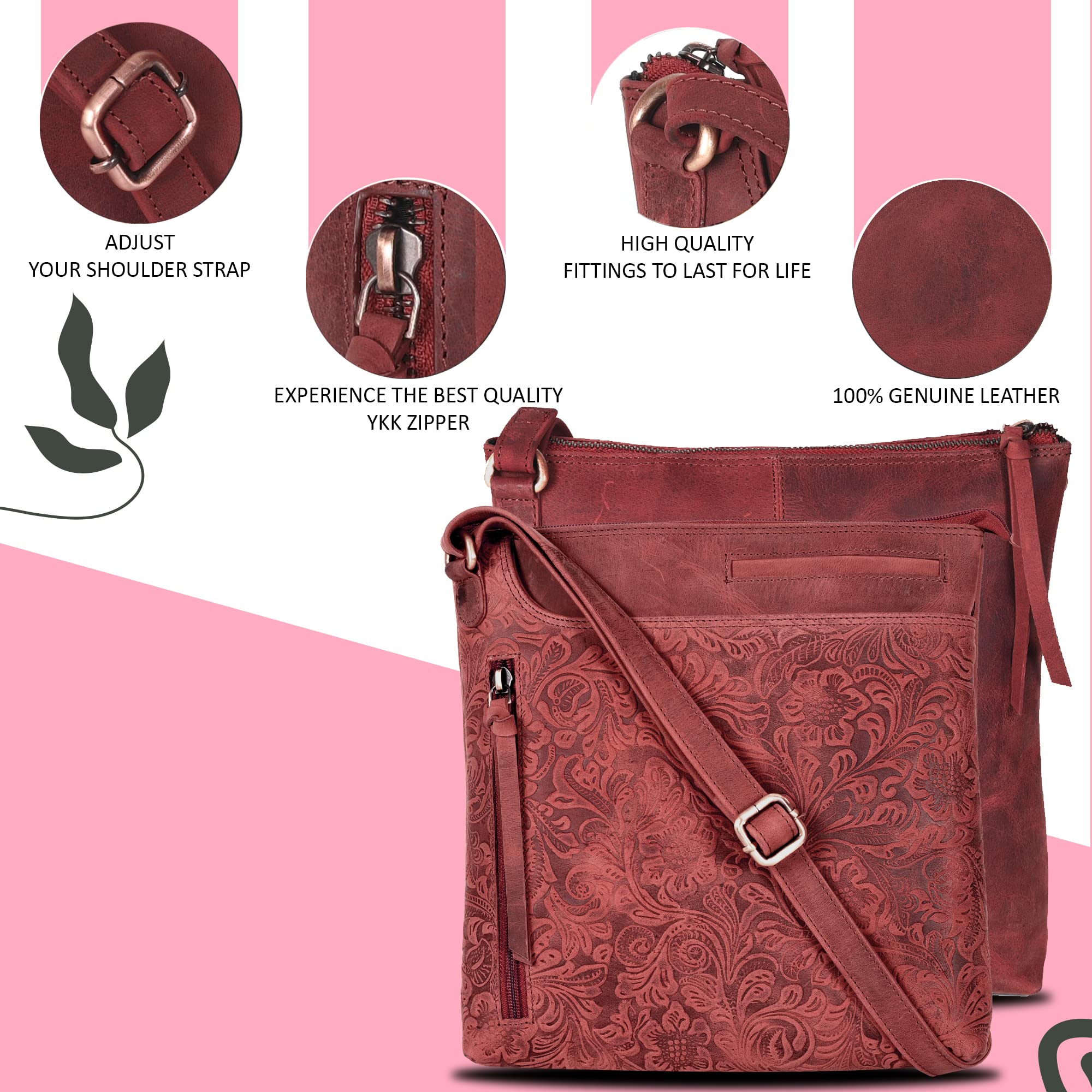 Real Genuine Leather Crossbody Bags for Women - Ladies Sling Bags Adjustable Shoulder Strap Medium Size Purses for Women