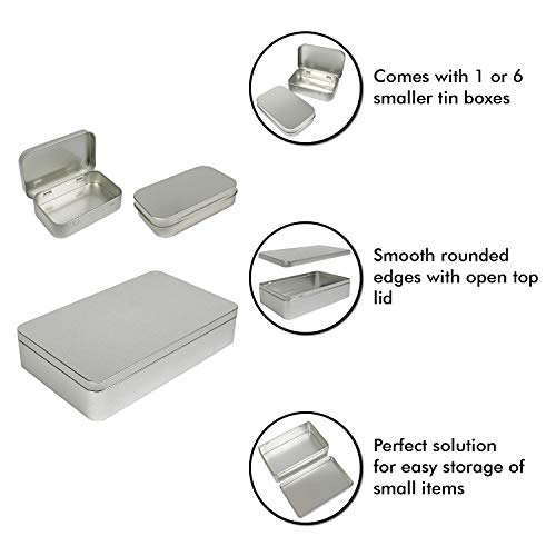 XL (8.5 x 5.3 x 1.9 In) Silver Metal Rectangular Empty Tin Box Containers for Gift Jewelry Craft Storage Organization with 1 Piece 3.75 by 2.45 by 0.8 Inch Hinged Small Tin Box (1 Large 1 Small)