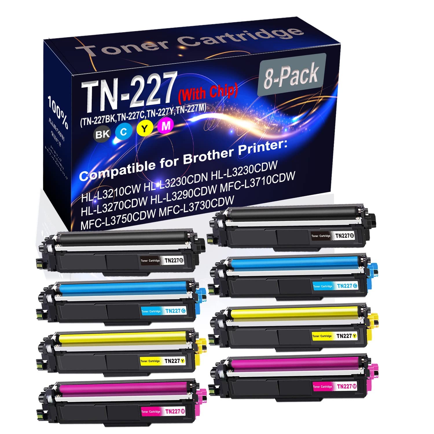 Kolasels (with Chip) 8-Pack (2BK+2C+2Y+2M) Compatible High Yield TN227 TN-227 (TN-227BK TN-227C TN-227Y TN-227M) Printer Toner Cartridge use for HL-L3210CW L3230CDW L3270CDW Printers