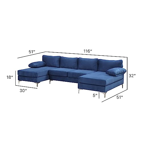 Novezza Home Modern Sectional U-Shaped Couch with Soft Velvet Fabric for Living Room Apartment, Sofa with Double Extra Wide Chaise and Comfortable Backrest, Large, Navy