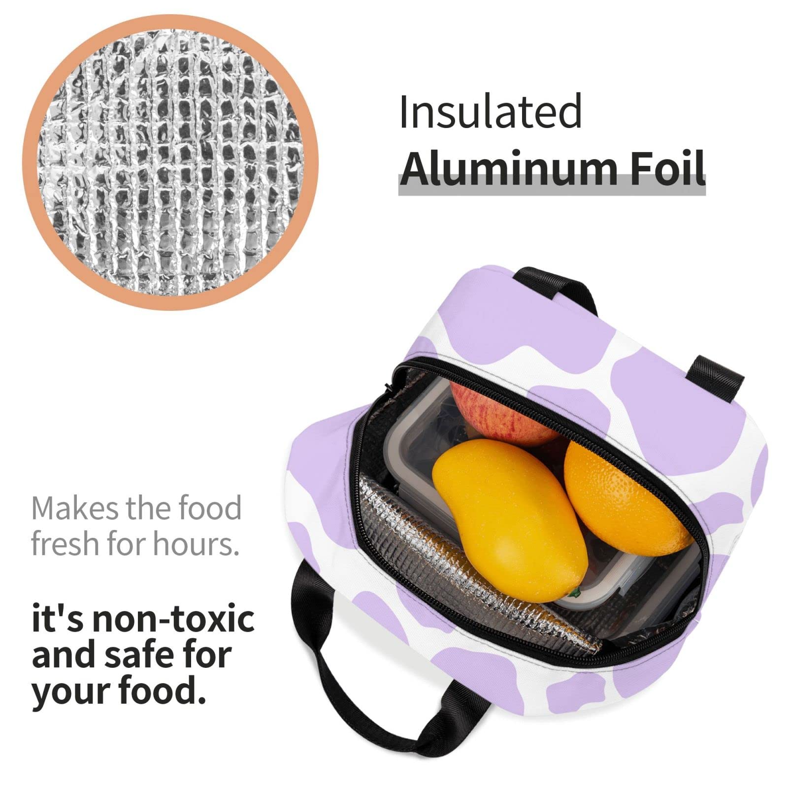 Cow Print Purple Insulated Lunch Bag Reusable Lunch Box Meal Portable Container Tote For Women Work Travel Picnic