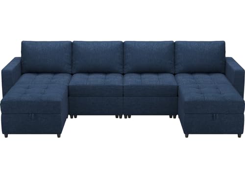 Belffin Fabric Modular Convertible Sectional Sofa U Shape Pull Out Couch with Ottomans 6 Piece Sofa Sectional Set Sleeper Couch with Double Reversible Chaises and Storage for Living Room Blue