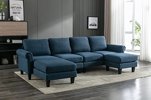 Olela U Shaped Modular Sectional Sofa for Living Room, Oversized Deep Seat Sofa Modern Linen Upholstered Sectional Couch with Chaise Lounge and Comfy Backrest (Navy)
