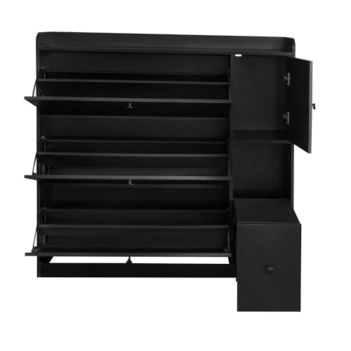 ZLECTIO Shoe Rack with 3 Flip Drawers and 1 Pull-Down Seat, Freestanding Shoe Cabinet for Entryway with Drawer, Shoe Storage Organizer for Home Living Room Bedroom Apartment Hallway