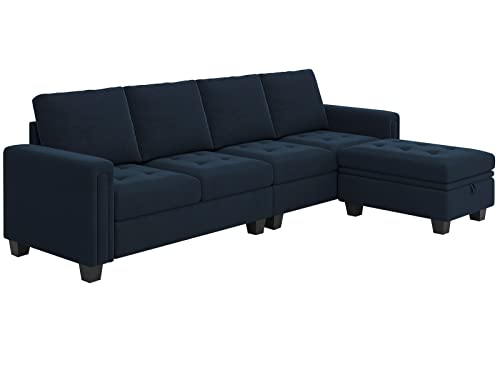 Belffin Velvet Reversible Sectional Sofa with Chaise Convertible L Shaped 4-seat Sectional Couch with Storage Ottoman Blue