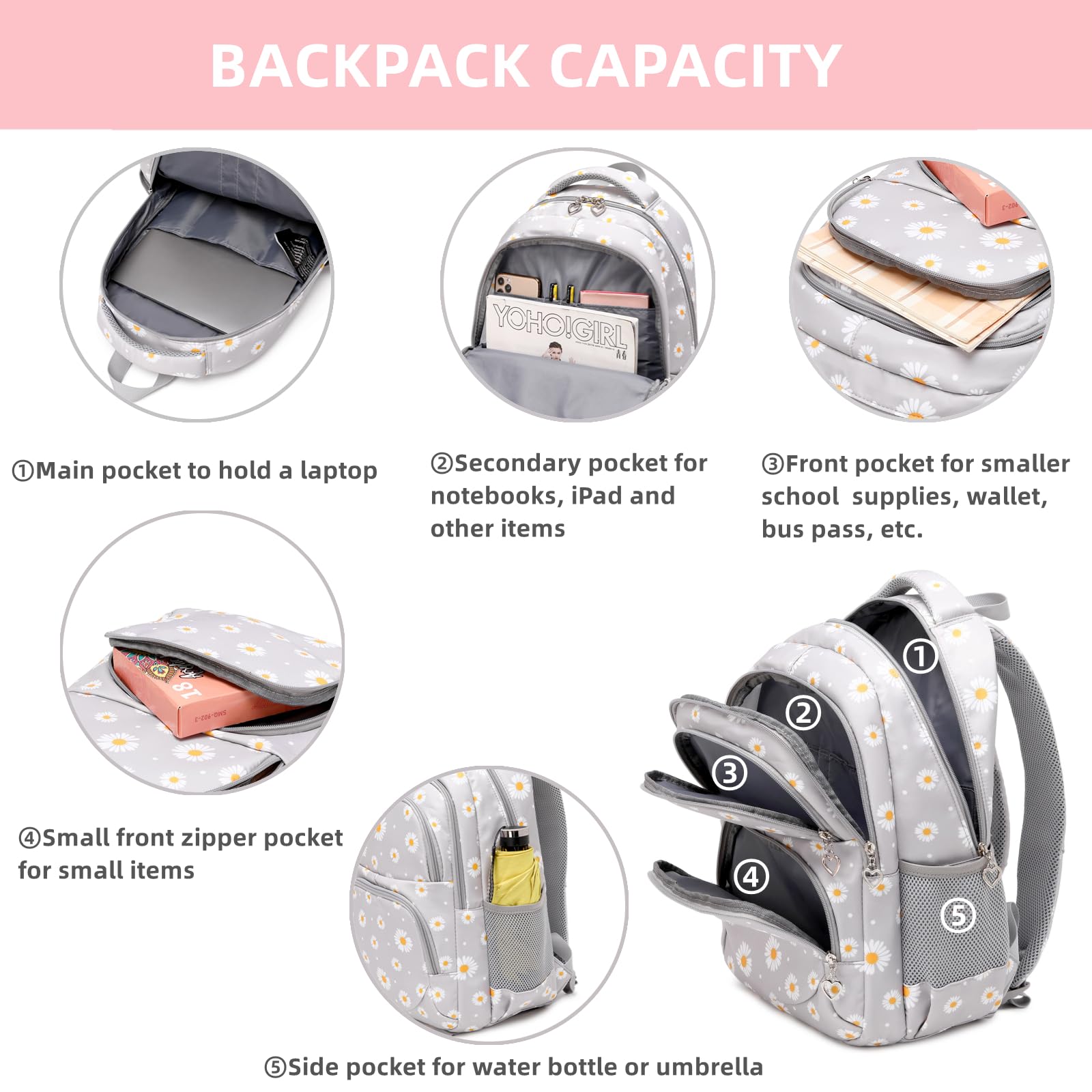 Armbq Daisy Kids Backpack for Girls, Multi Pocket School Bags with Lunch Box for Elementary, Teen Girls Bookbag Set