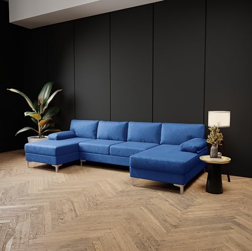 Novezza Home Modern Sectional U-Shaped Couch with Soft Velvet Fabric for Living Room Apartment, Sofa with Double Extra Wide Chaise and Comfortable Backrest, Large, Navy