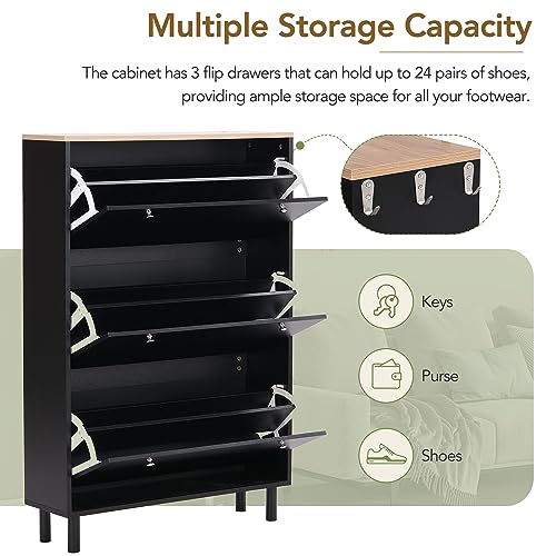Goohome Narrow Design Shoe Cabinet with 3 Flip Drawers, Wood Grain Pattern Top Entryway Organizer with 3 Hooks, Free Standing Shoe Rack with Adjustable Panel, Modern Style Shoe Rack for Hallway