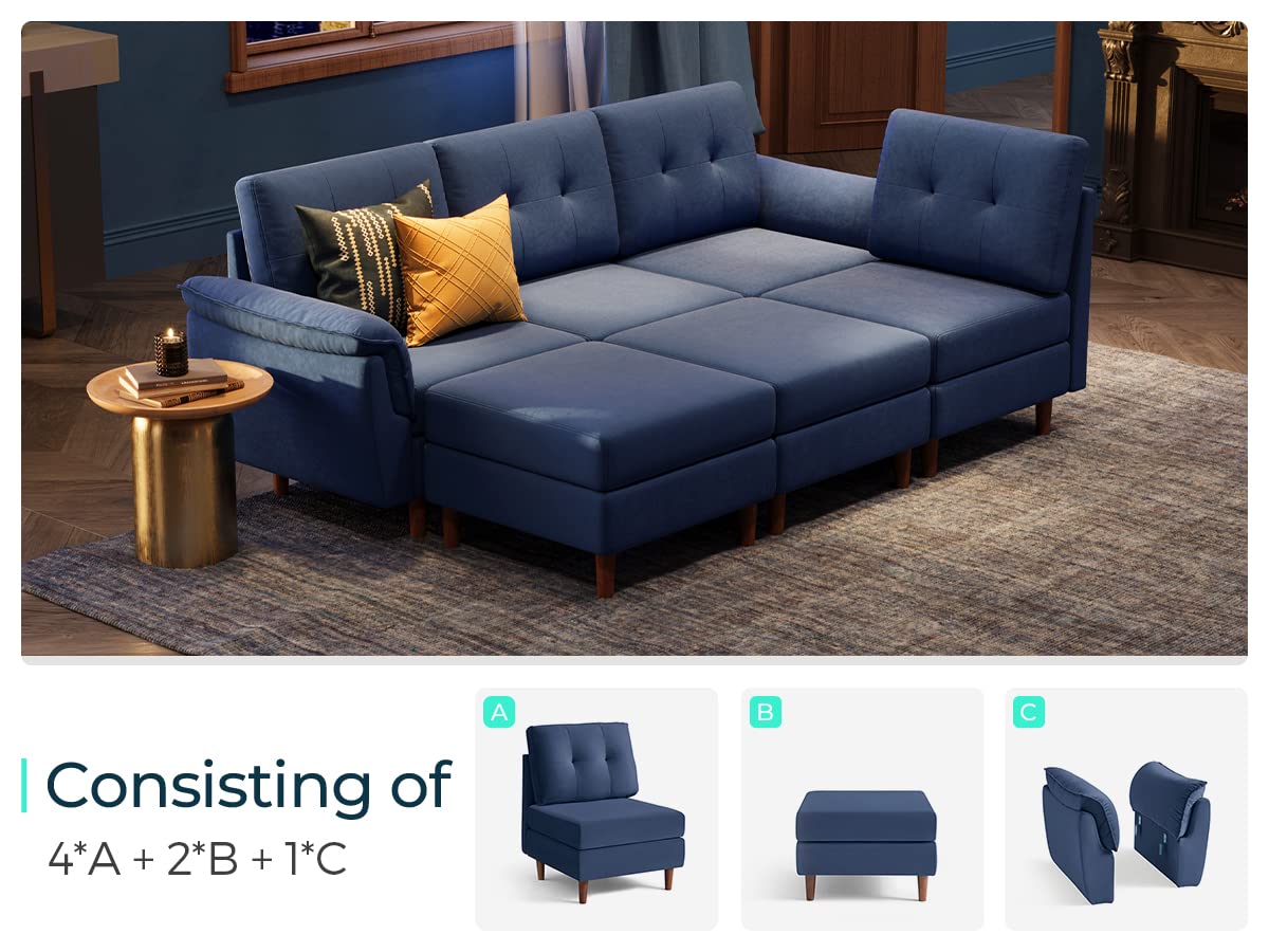 LINSY HOME Modular Sectional Sofa, Velvet Sectional Sofa Couch with Memory Foam, U Shape 6 Seat Modular Sectionals with Ottomans, Sleeper Sofa Couches with Chaise for Living Room, Blue
