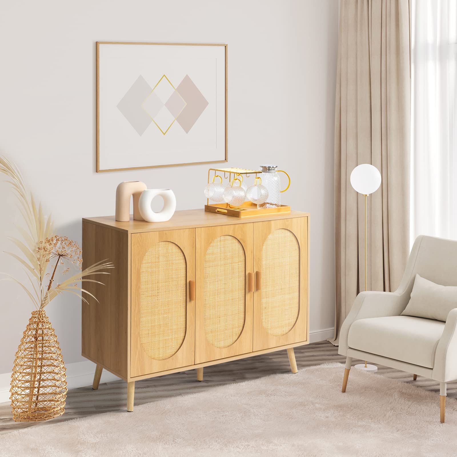 DESIGNSCAPE3D Modern Rattan Shoe Storage Cabinet with Adjustable Shelves - Stylish Furniture and Decor for Living Room, Bedroom, and Hallway