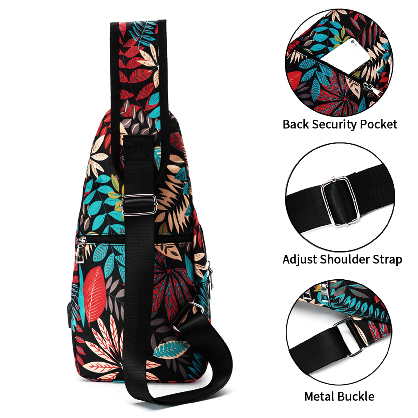 Seoky Rop Men Women Sling Backpack Anti Theft Crossbody Shoulder Chest Bag with USB Charging Port, Leaves
