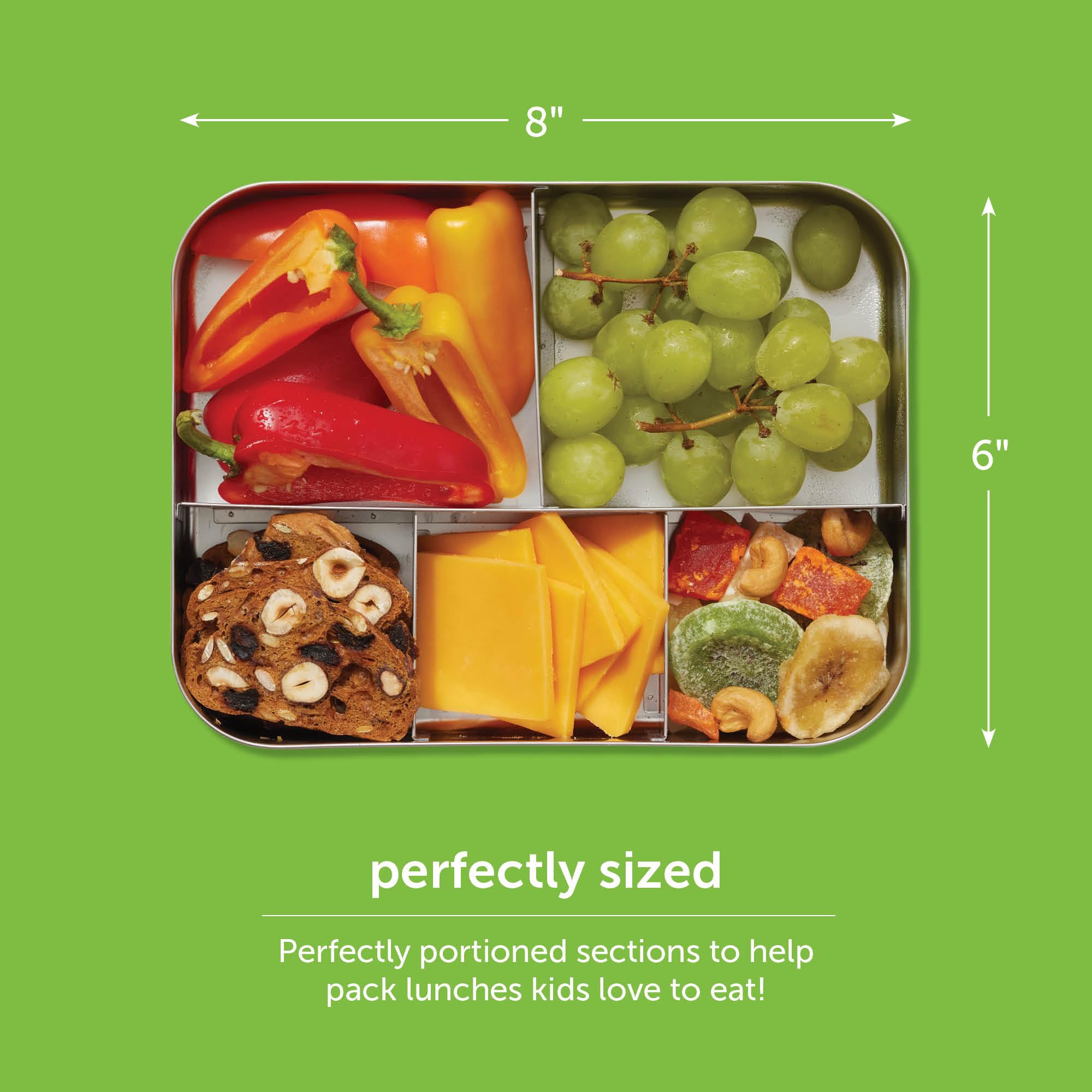 LunchBots Medium Trio II Snack Container - Divided Stainless Steel Food Container - Three Sections for Snacks On the Go - Eco-Friendly, Dishwasher Safe, BPA-Free - Stainless Lid - Aqua Dots