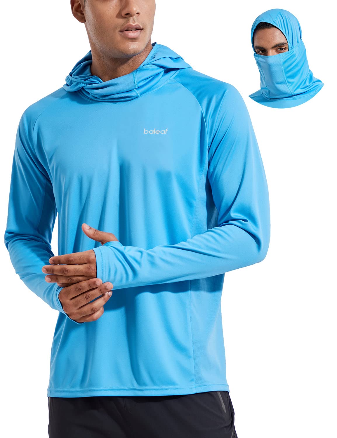 baleaf Mens Shirt UV SPF Hoodie Shirt UPF 50+ Sun Protection T-Shirts with Mask Rash Guard Fishing Lightweight,02-Blue, 3X-Large, Long Sleeve