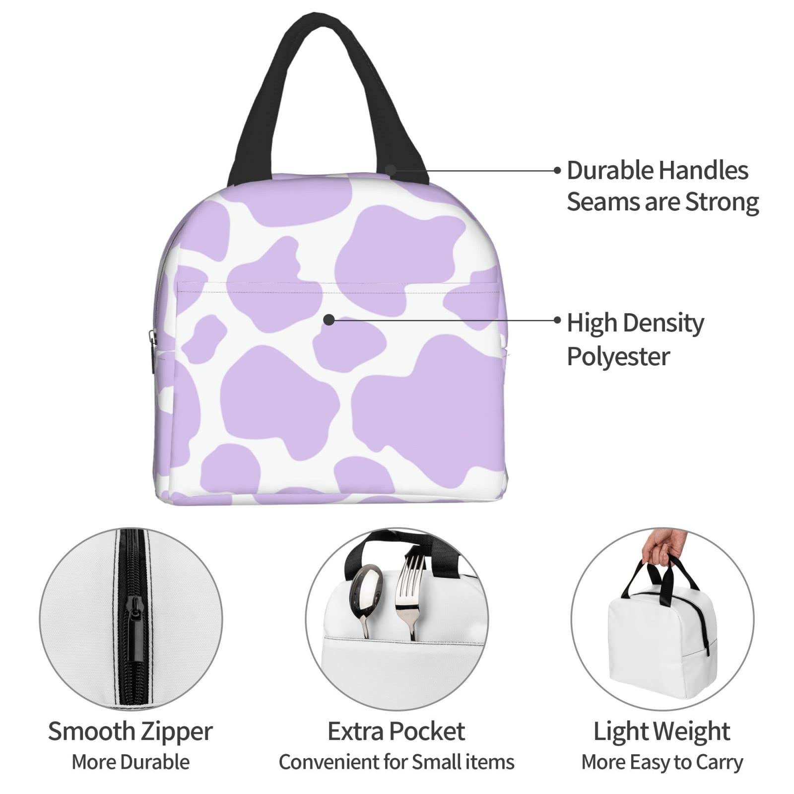 Cow Print Purple Insulated Lunch Bag Reusable Lunch Box Meal Portable Container Tote For Women Work Travel Picnic