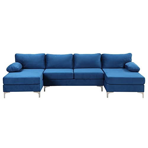 Novezza Home Modern Sectional U-Shaped Couch with Soft Velvet Fabric for Living Room Apartment, Sofa with Double Extra Wide Chaise and Comfortable Backrest, Large, Navy