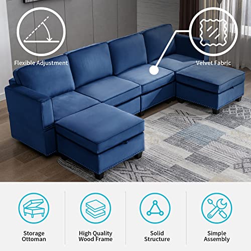 CECER Modular Sectional Sofa Couch,4 Seater Free Combination Sofa Couch with 2 Movable Storage Ottomans, Convertible Sofa Couch with Adjustable Armrest and Backrest for Living Room(Dark Blue)