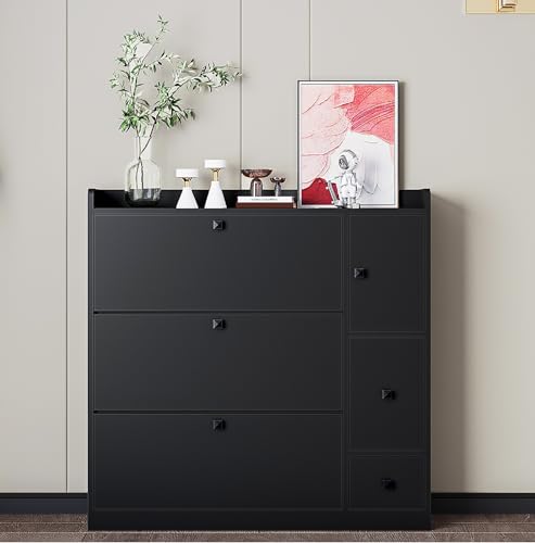 ZLECTIO Shoe Rack with 3 Flip Drawers and 1 Pull-Down Seat, Freestanding Shoe Cabinet for Entryway with Drawer, Shoe Storage Organizer for Home Living Room Bedroom Apartment Hallway
