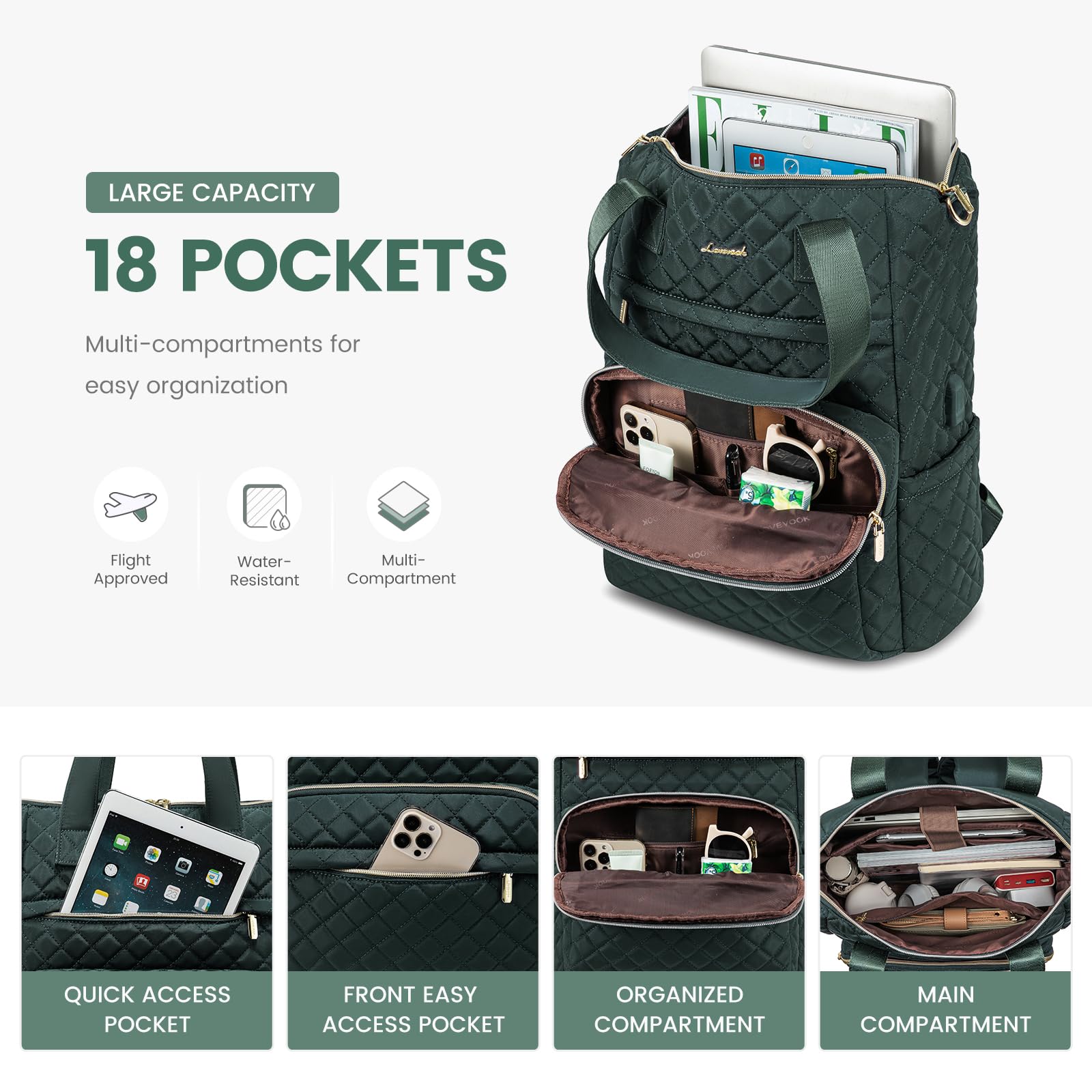 LOVEVOOK Laptop Backpack for Women 17 inch,Diamond Quilted Convertible Backpack Tote Laptop Computer Work Bag,Womens Travel Backpack Purse College Teacher Carry on Back pack with USB Port,Dark Green