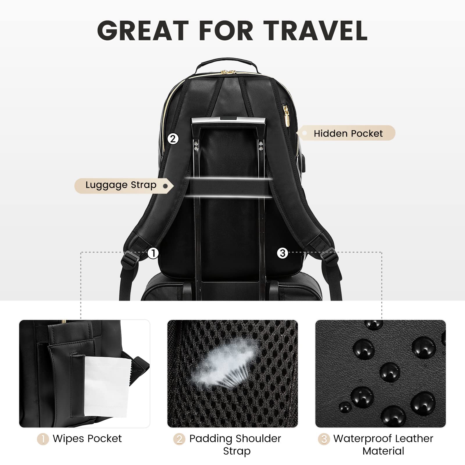 LOVEVOOK Laptop Backpack for Women, Faux PU Leather Quilted Backpack Purse, Business Computer Travel Work Bags, Nurse Backpack for Work, Fits 15.6-Inch Laptop, Black