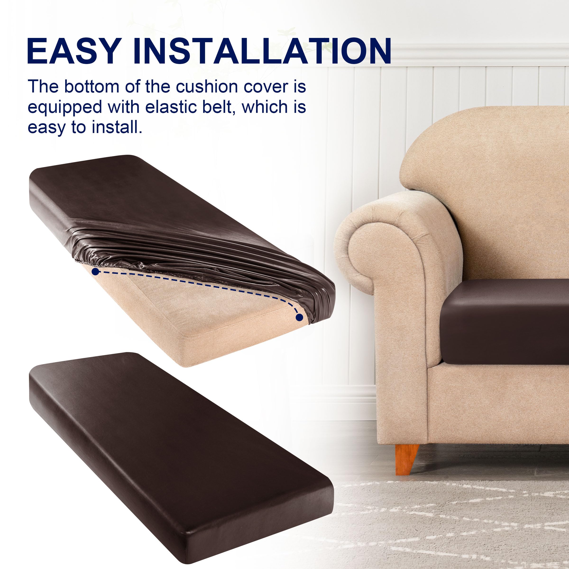 SUBRTEX Leather Waterproof Cushion Covers Breathable Sofa Seat Slipcpvers for 3 Seaters Stretch Replacement for Furniture Protector (Large, Chocolate)
