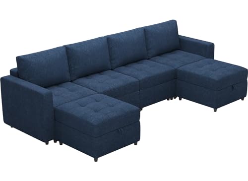 Belffin Fabric Modular Convertible Sectional Sofa U Shape Pull Out Couch with Ottomans 6 Piece Sofa Sectional Set Sleeper Couch with Double Reversible Chaises and Storage for Living Room Blue