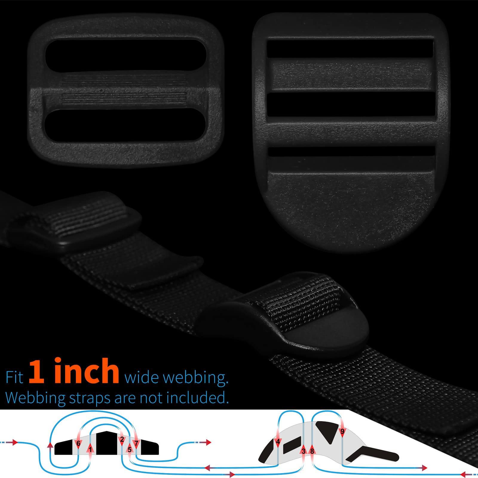 Slider Buckle for 1" Webbing: 4 Set Plastic Ladder Lock Buckles and Tri-glide Slide Fit 1 inch (25 mm) Wide Nylon Web Strap, Adjustable Quick Release Plastic Adjuster Clips Replacement Heavy Duty