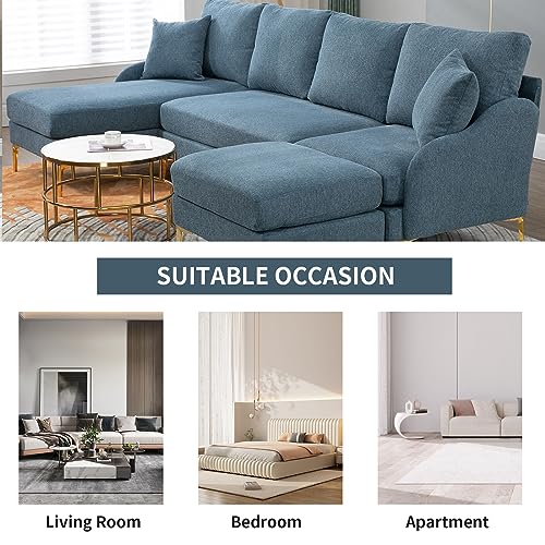 Sudwesto Reversible Sectional Sofa, U-Shape Convertible Sofa Couch, 4-Seat Upholstered Couch with Chaise, Furniture Sets Sectional Couch with Ottoman for Living Room, Apartment, Office (Blue)
