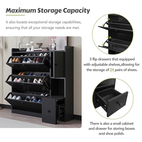 ZLECTIO Shoe Rack with 3 Flip Drawers and 1 Pull-Down Seat, Freestanding Shoe Cabinet for Entryway with Drawer, Shoe Storage Organizer for Home Living Room Bedroom Apartment Hallway