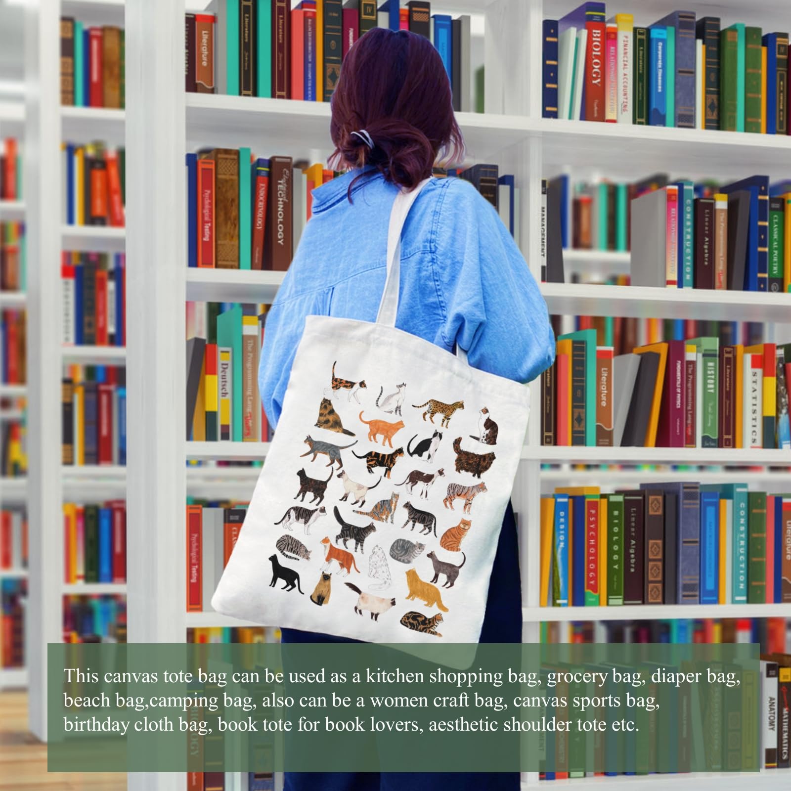 Andeiltech Canvas Tote Bag for Women Fun Cat Aesthetic Tote Bag with Inner Pocket Cats Shoulder Book Bag Gift Shopping Reusable Grocery Bags
