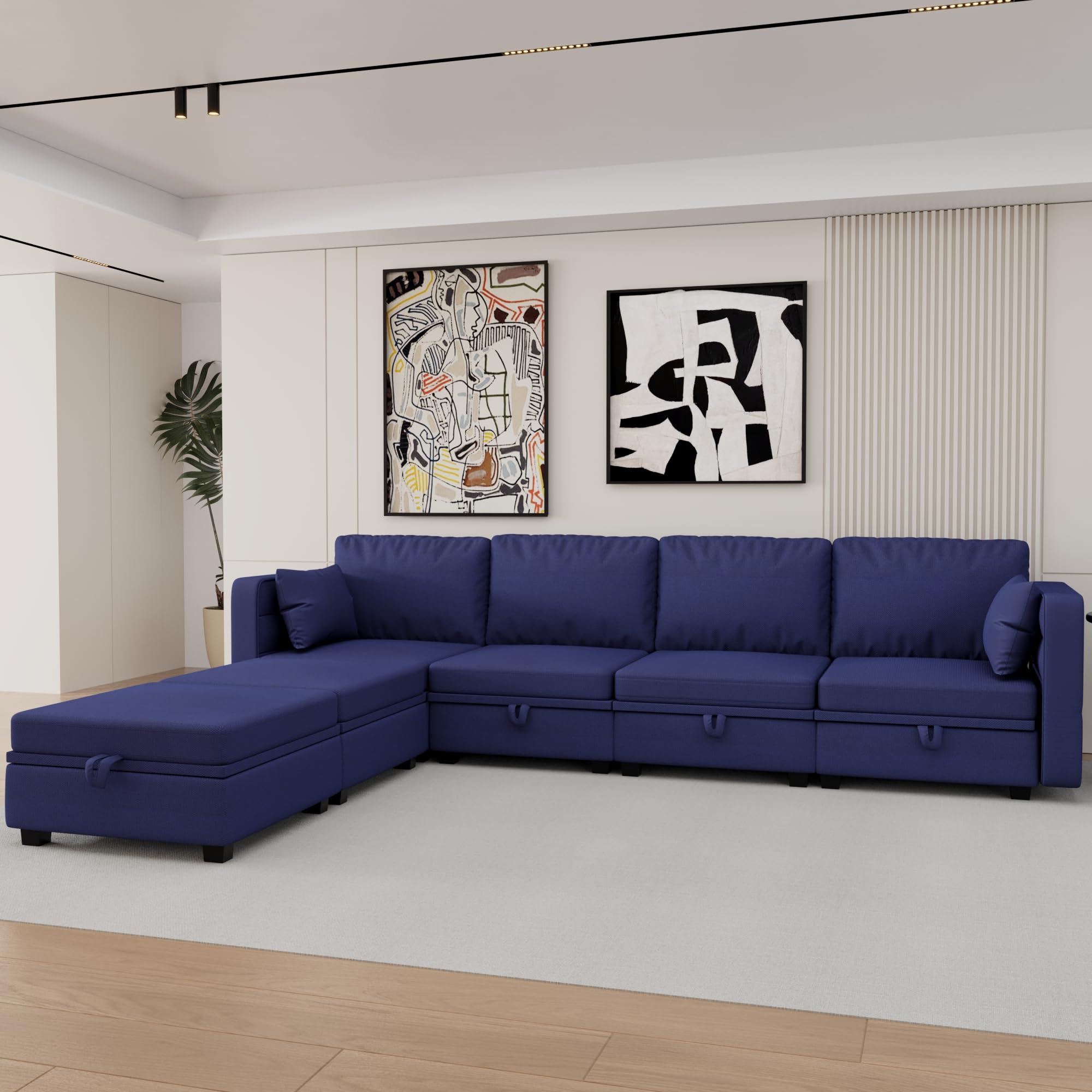 WILLIAMSPACE 110" Sectional Sofa Couch for Living Room, Modern Modular U-Shape Sofa with Storage Seats & Reversible Chaise & Adjustable Armrest, 6 Seat Convertible Sofa for Home Office (Blue)