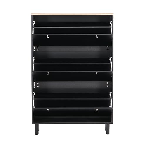 Goohome Narrow Design Shoe Cabinet with 3 Flip Drawers, Wood Grain Pattern Top Entryway Organizer with 3 Hooks, Free Standing Shoe Rack with Adjustable Panel, Modern Style Shoe Rack for Hallway