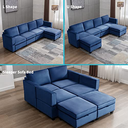 CECER Modular Sectional Sofa Couch,4 Seater Free Combination Sofa Couch with 2 Movable Storage Ottomans, Convertible Sofa Couch with Adjustable Armrest and Backrest for Living Room(Dark Blue)